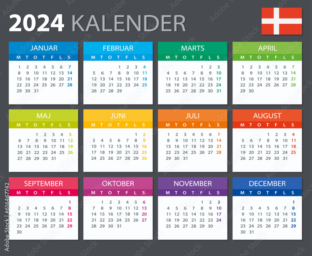 2024 Calendar Danish - vector stock illustration template Stock Vector ...