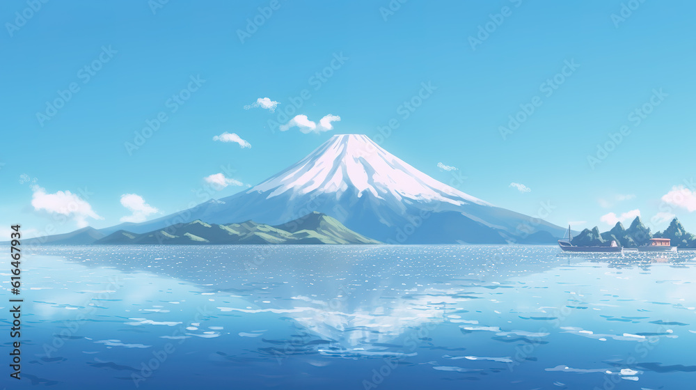 an illustration of the mount fuji from the ocean view, anime wallpaper ...