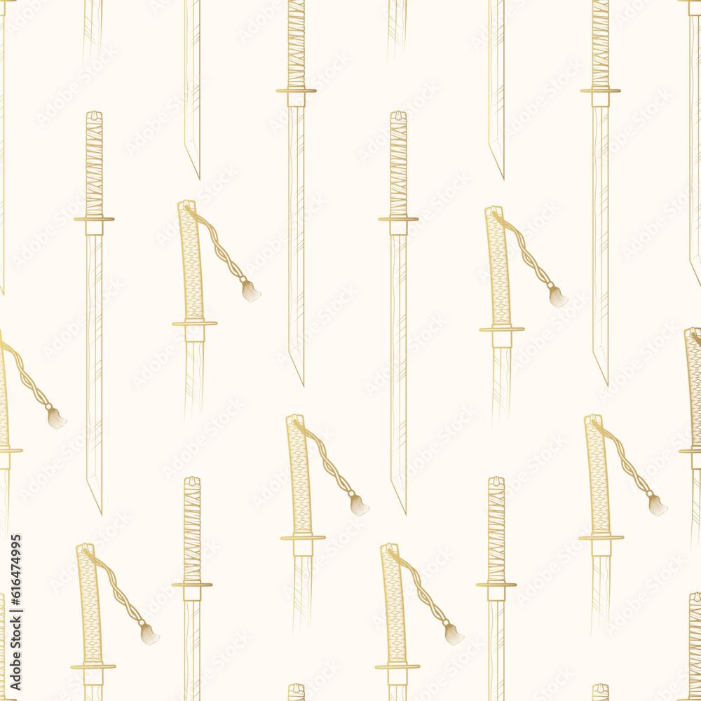 Samurai weapons seamless pattern. Golden vector background with ...
