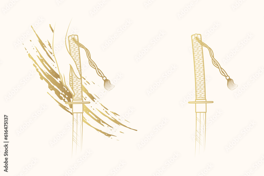 Hand with a sword on the background of a brushstroke. Japanese design ...