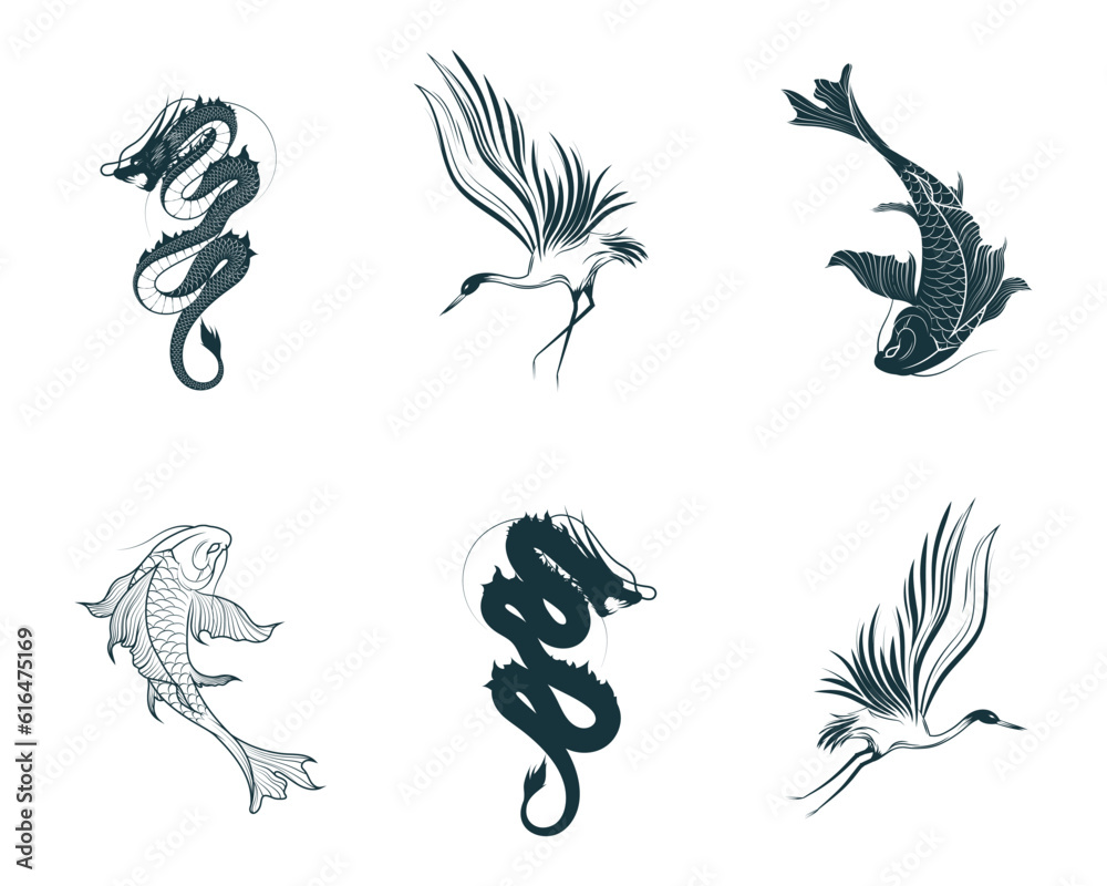 Koi fish, dragon and crane japanese art collection. Set of 6 design ...
