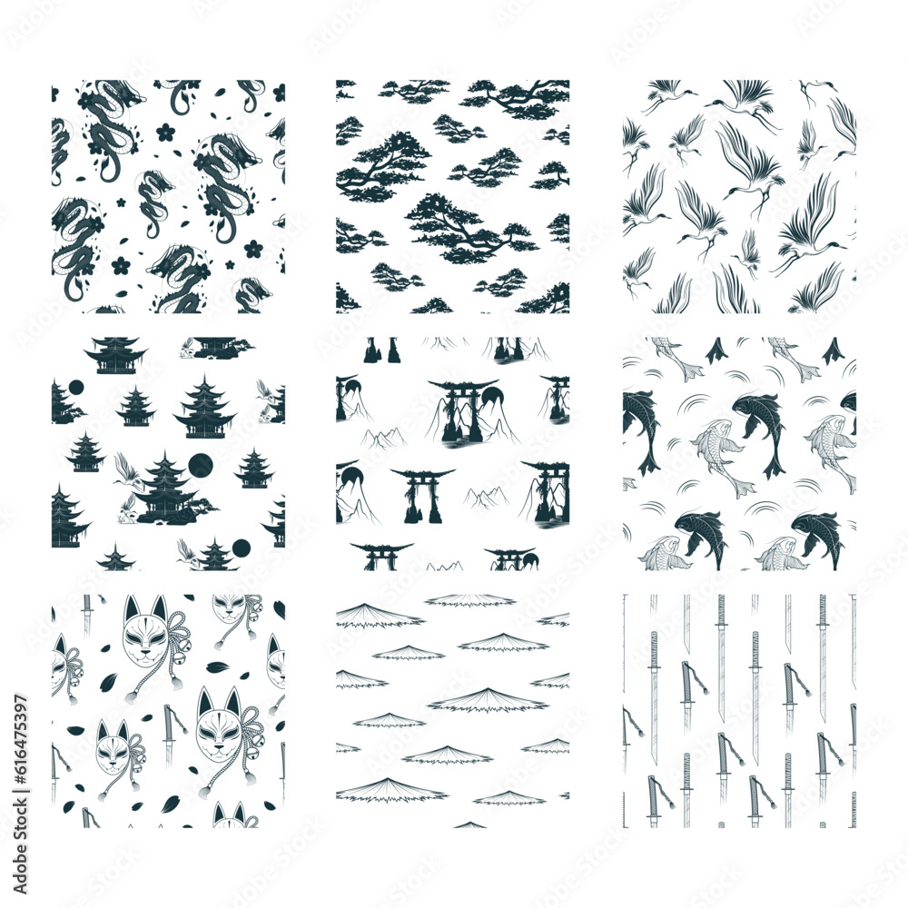 Japanese art design. Set of nine hand drawn seamless patterns. Vector ...