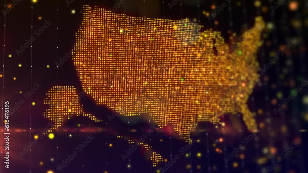 Digital map of USA in the form of a bright glowing particle composition ...
