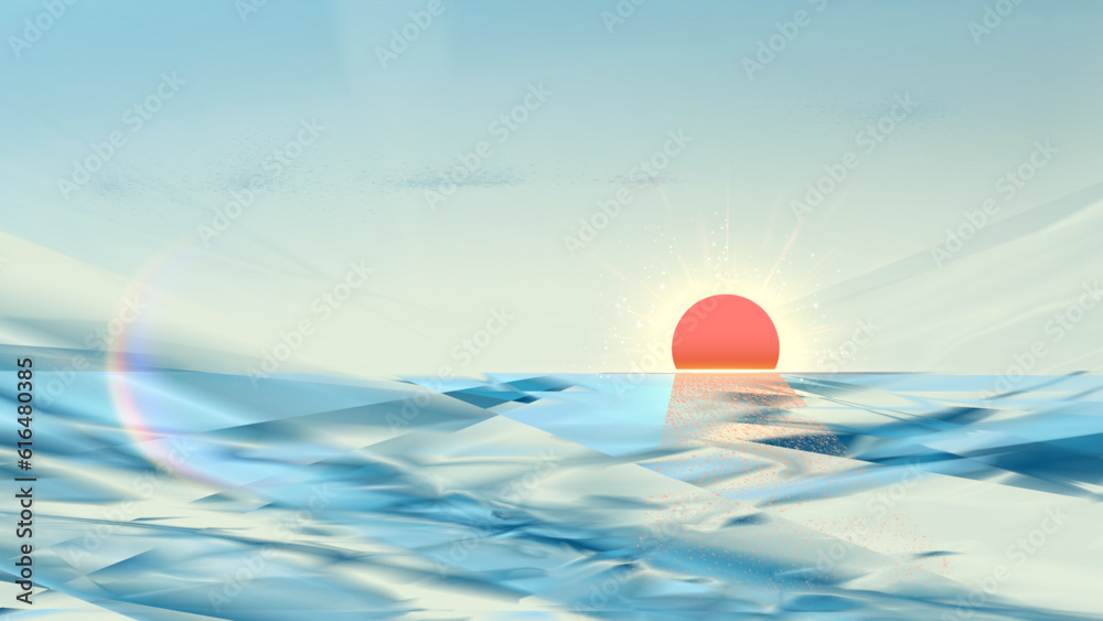 Geometric marine seascape. Ocean waves with sunsetting red sun rays and ...