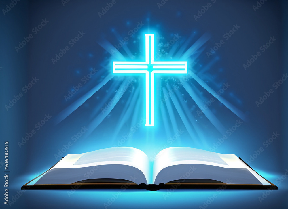 Holy bible with shining cross over dark blue background Stock ...