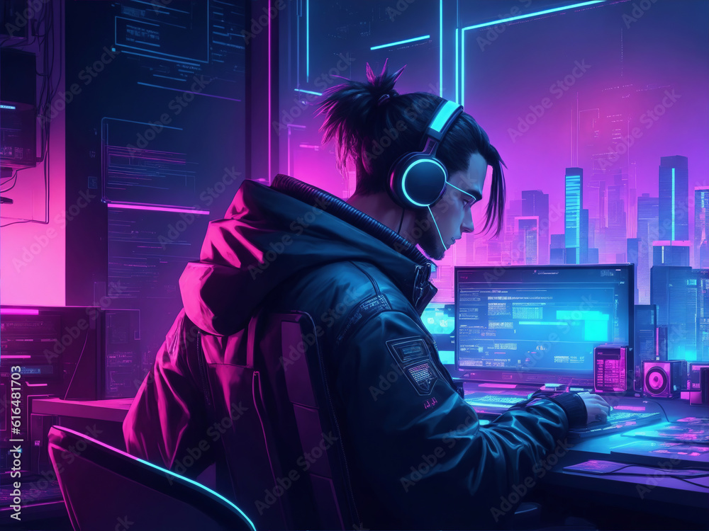 Young Hacker Programmer With Laptop Hacks Programs And Site. Digital painting illustration ...