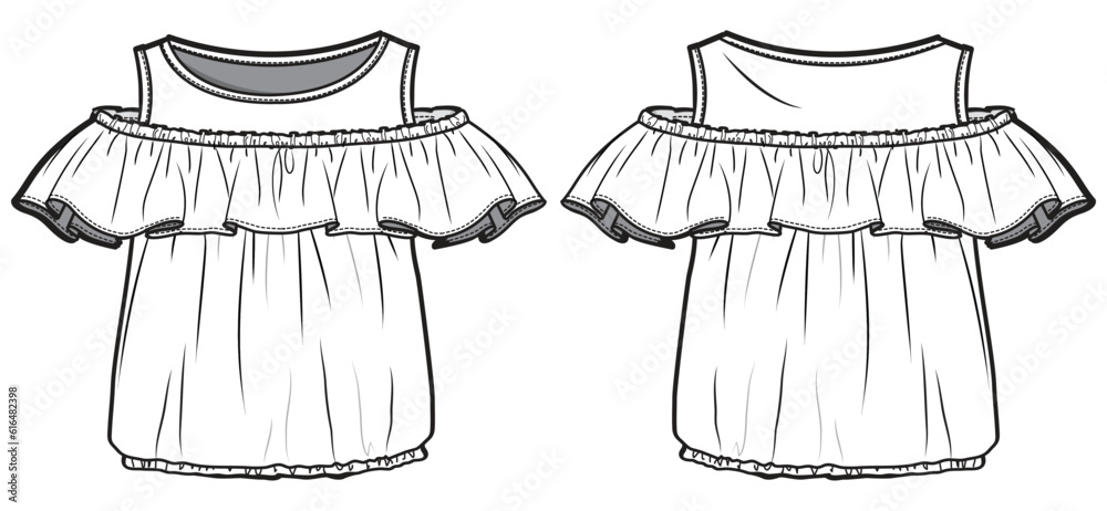 Kids Girl Ruffle Cold Shoulder Top Front and Back View. Fashion Flat ...
