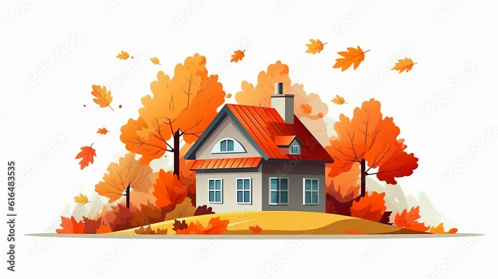 cartoon autumn house on white background in flat style, generative ai ...