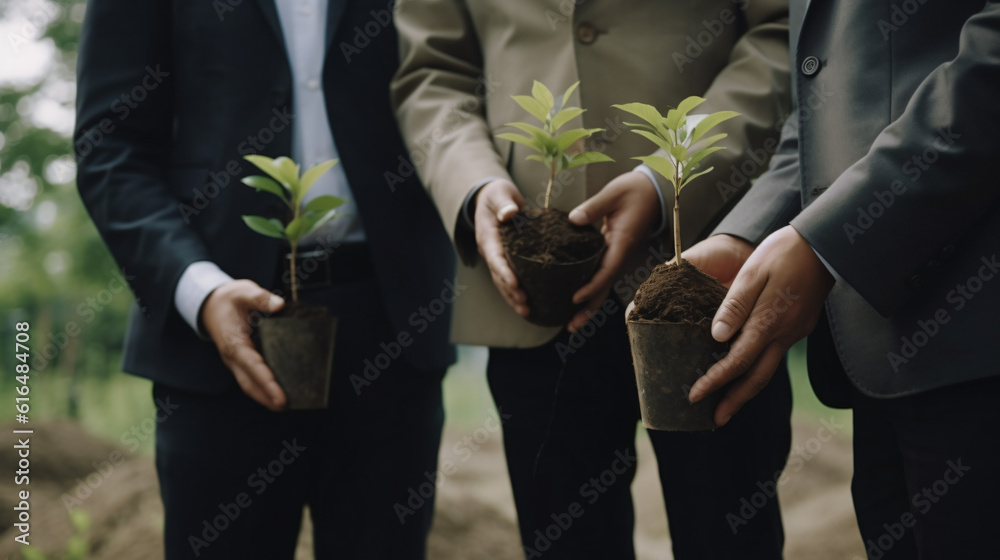 A group of volunteers holds a small tree in their hands to plant trees ...