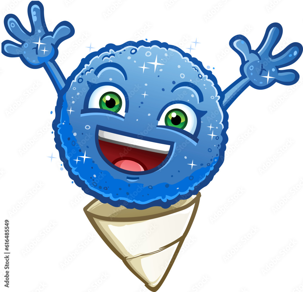 Blue raspberry snow cone crushed ice cartoon character jumping and ...