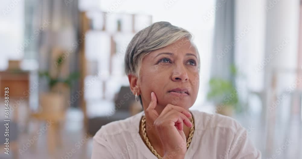 Thinking, doubt and woman in office with vision, research and planning ...