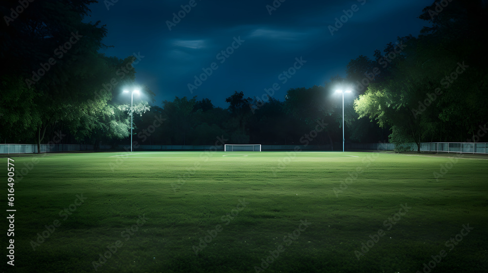 illuminated soccer pitch with goalpost and vivid green grass under the ...