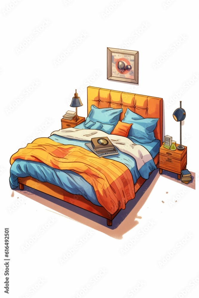 lit double avec table de chevet, dessin style bd, cartoon sur fond ...