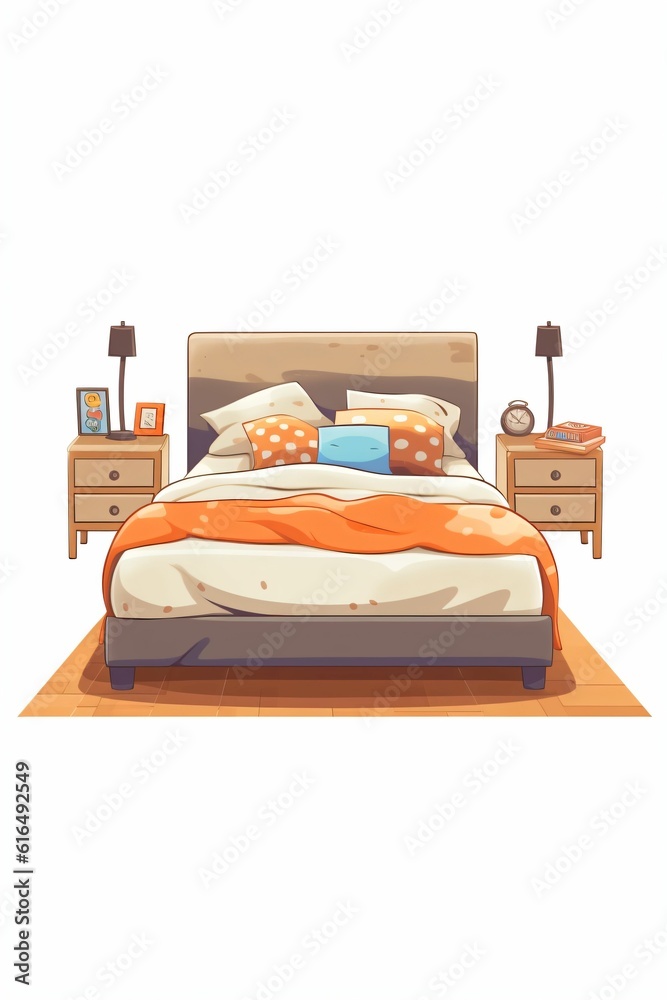 lit double avec table de chevet, dessin style bd, cartoon sur fond ...