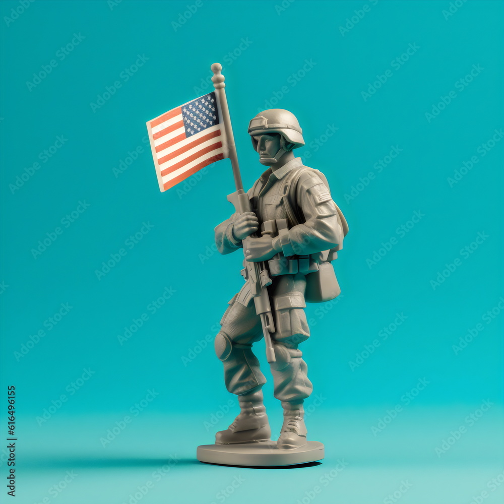 green army man toy with american flag isolated on plain blue studio ...