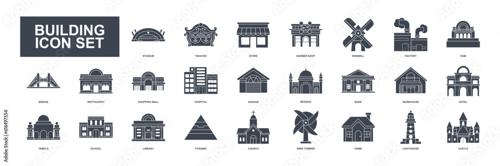 This building set icon vector illustrates various structures like homes ...