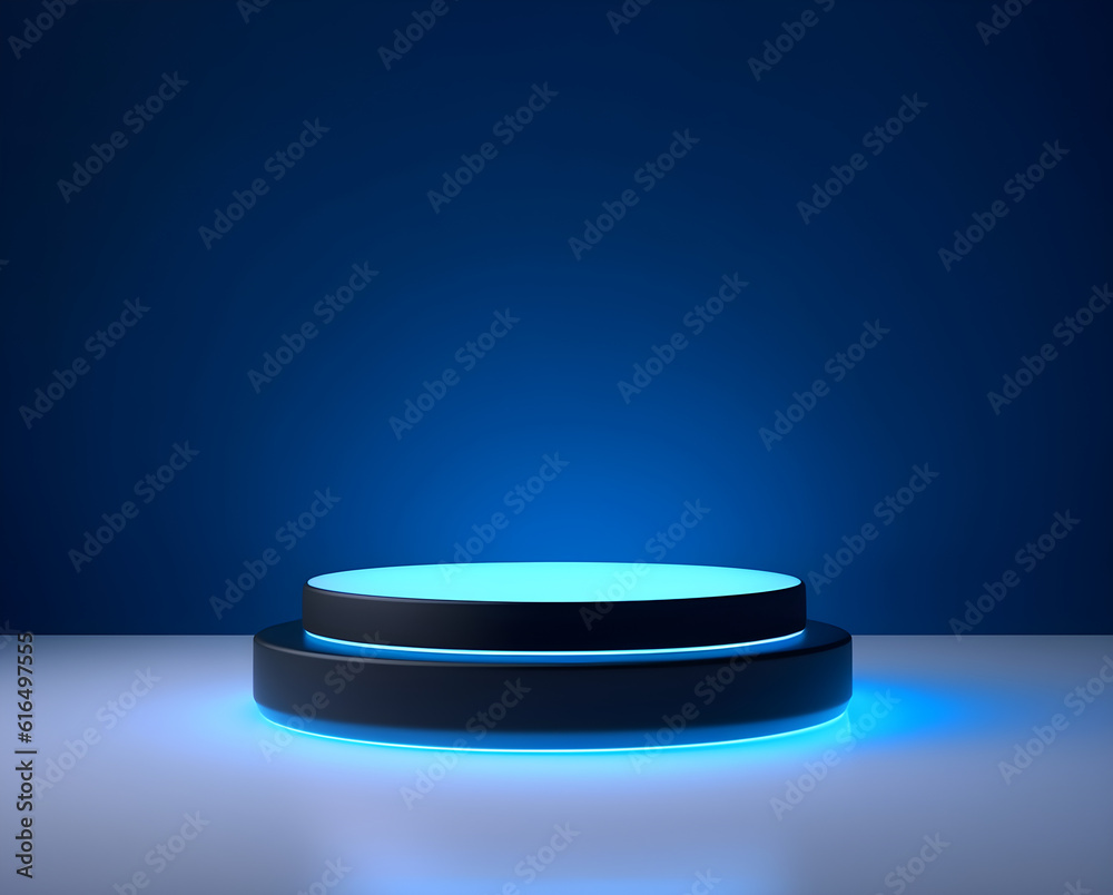 blue round podium with blue lighting on pedestal surface. simple and ...