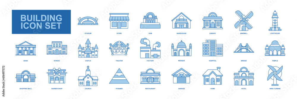 This building set icon vector illustrates various structures like homes ...