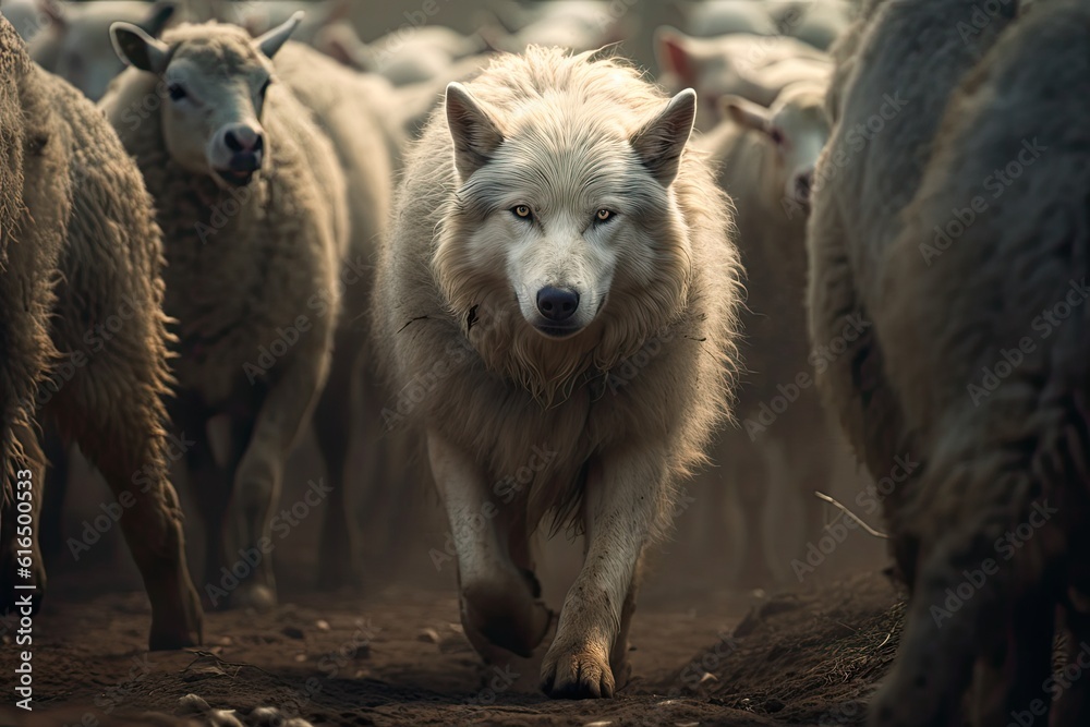 Sheep being led by a wolf. Wolf walking among heard of sheep. Stock ...