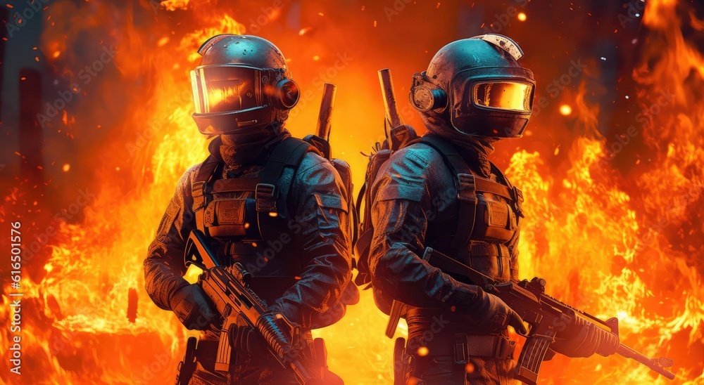 Two skilled players, armed with powerful guns, stand fearlessly at the ...