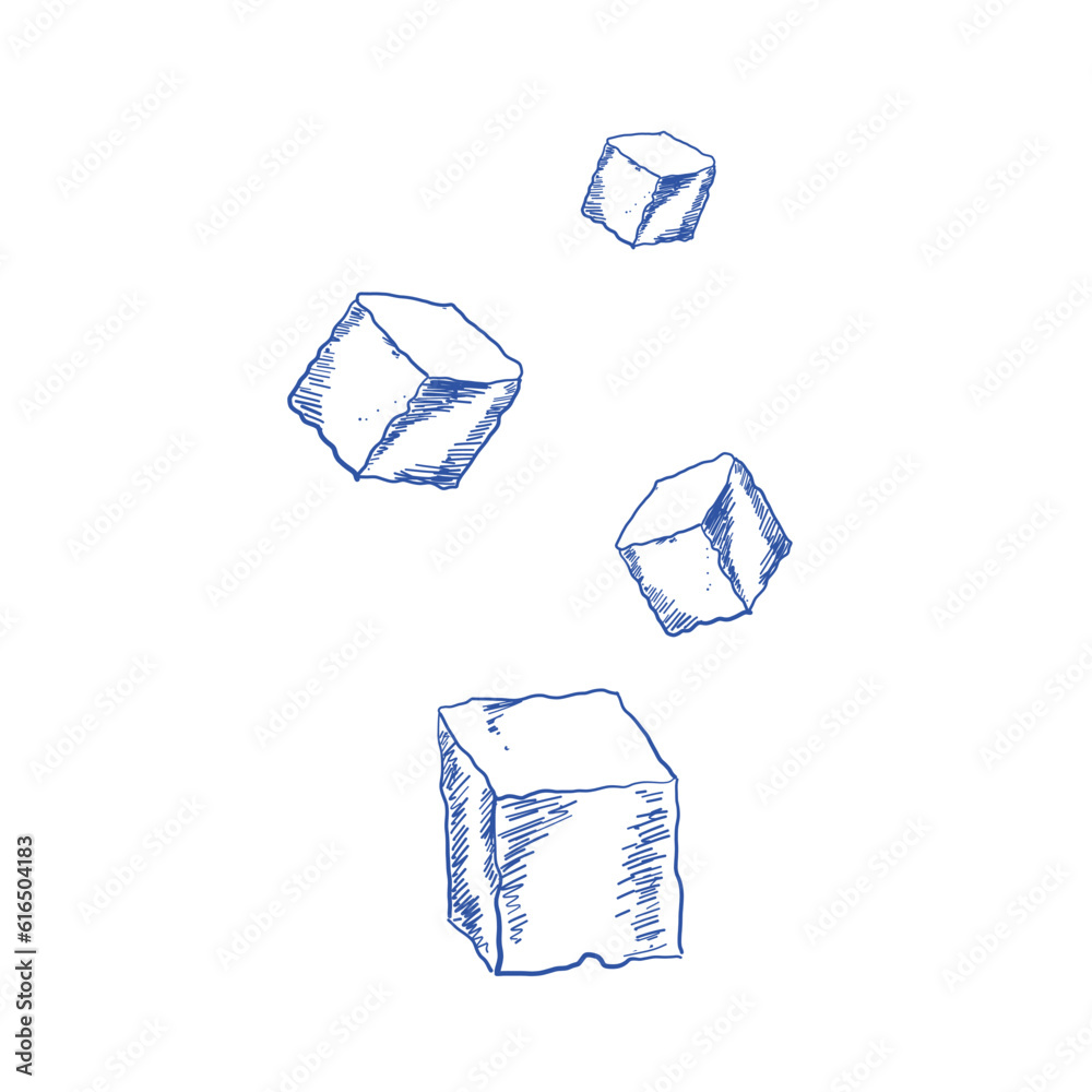 Pen hand drawn falling sugar cubes. Isolated on white background Blocks ...