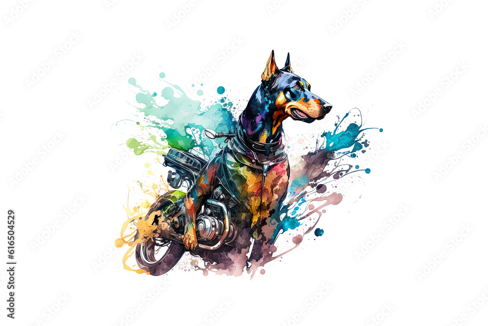 doberman with a motorcycle painted with watercolors isolated on a white ...