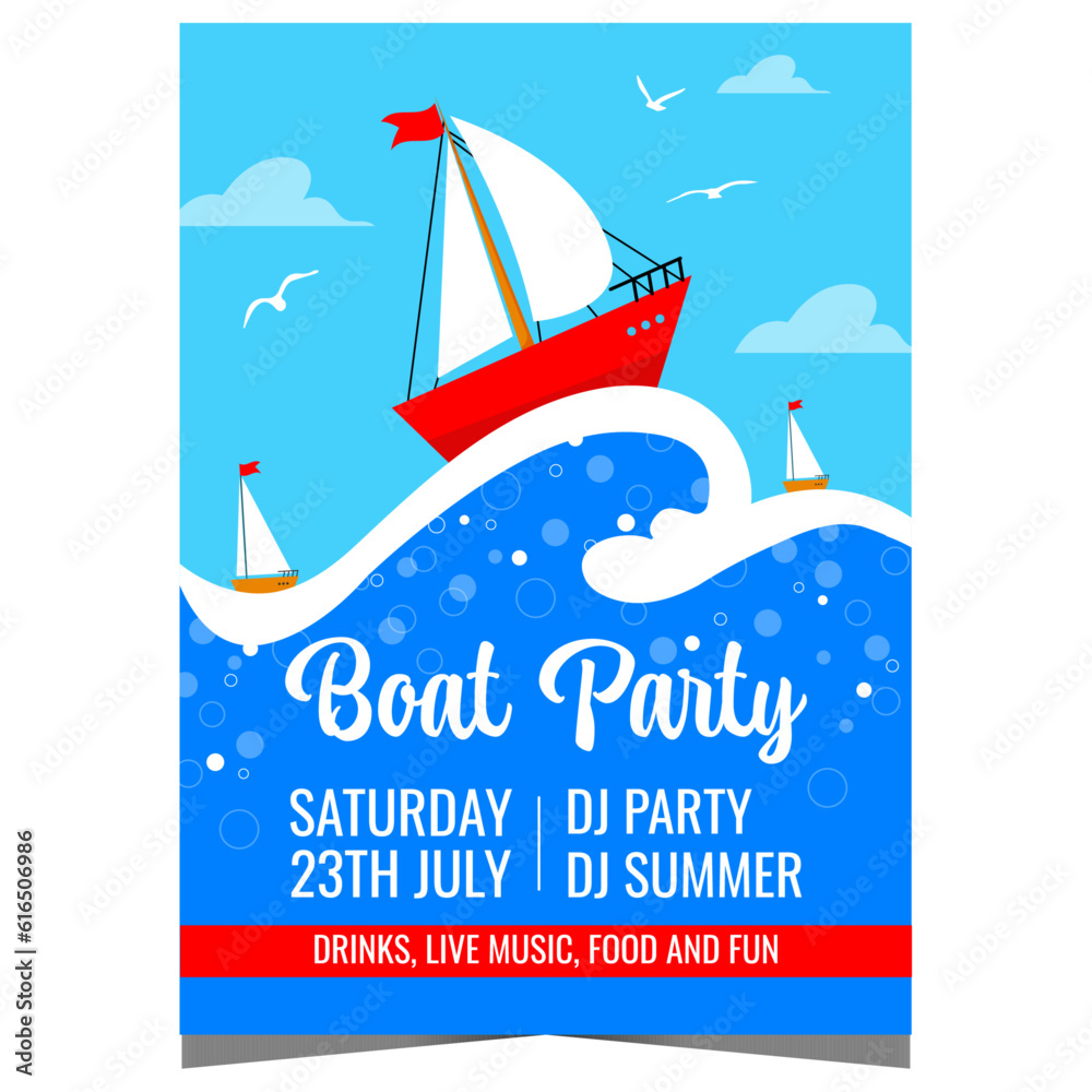 Boat party poster for summer vacation or holiday with red pleasure ...