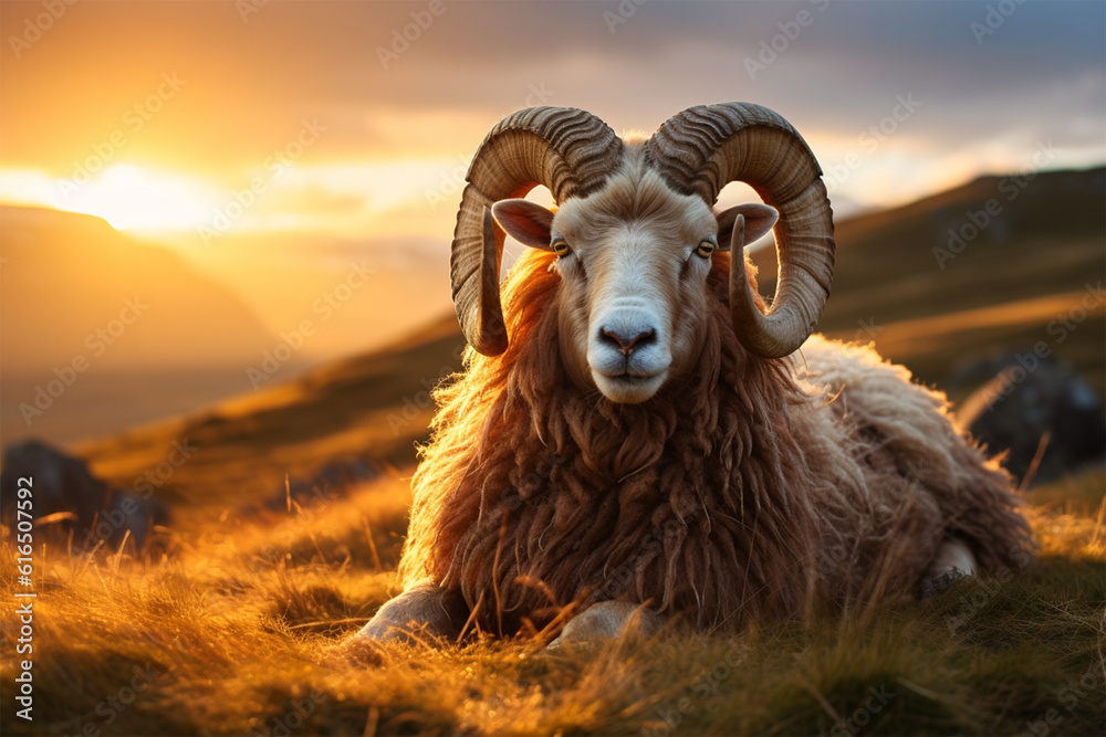 Icelandic sheep Ram with magnificent corkscrew horns laid in the grass ...