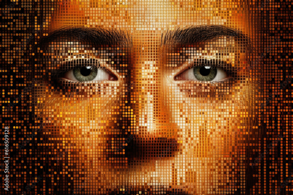 Female face against binary code. Human looking at camera from matrix ...