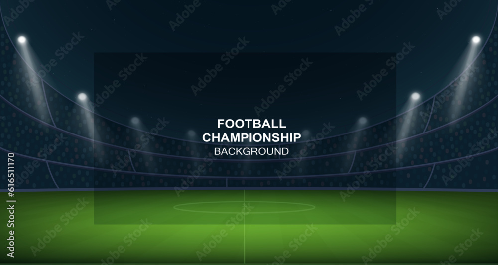 Football stadium with stands and floodlights in night. Soccer ...