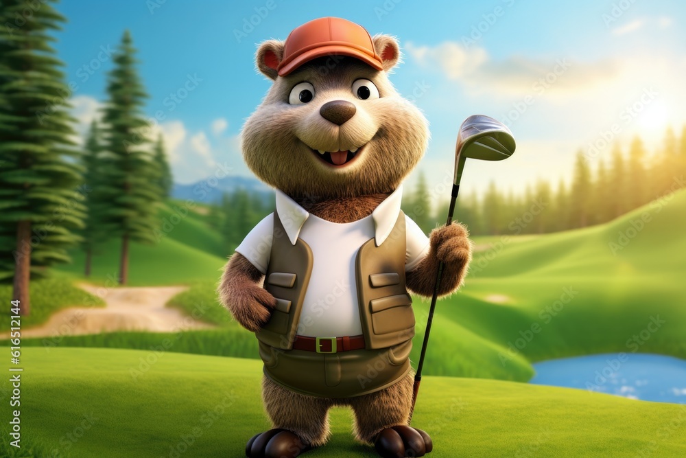 Cute Cartoon Gofer Dressed as a Golfer on a Golf Course Stock ...
