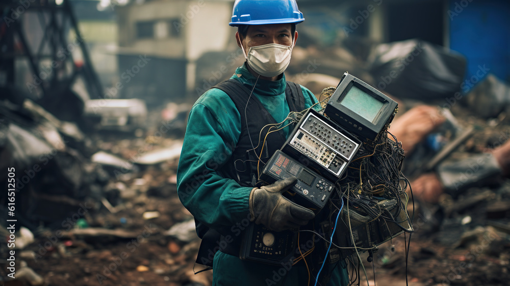 worker in uniform with helmet electronic waste management of worker in ...
