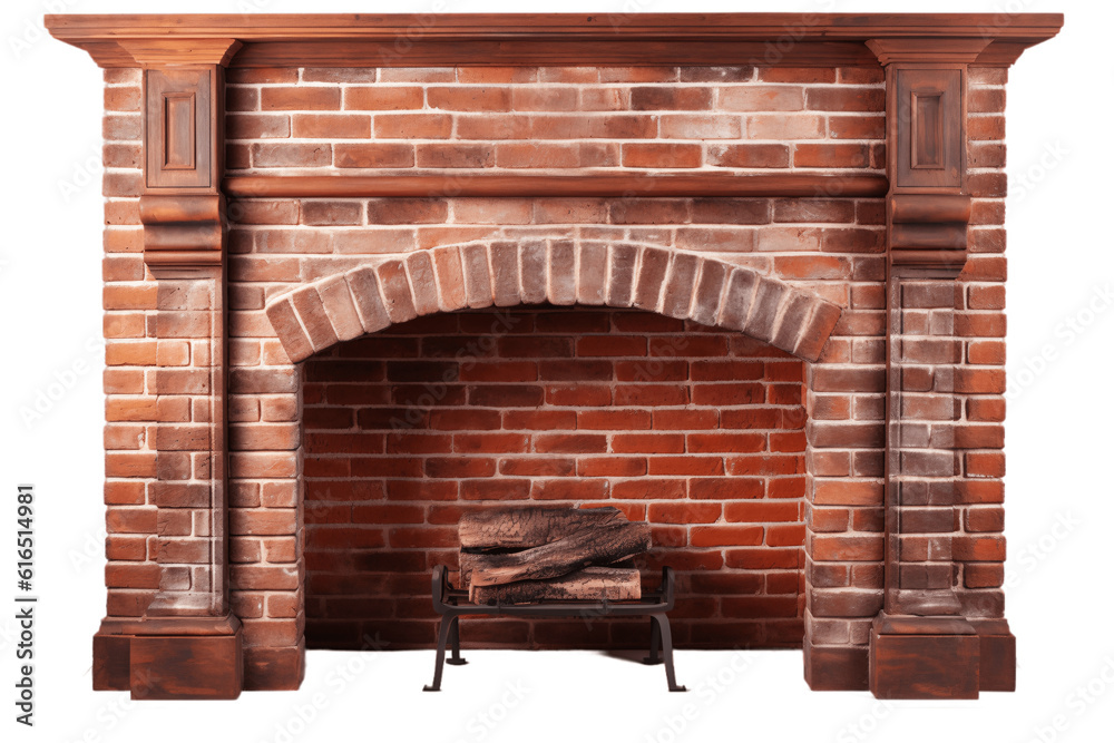 Brick, stone fireplace isolated on transparent background. No ...
