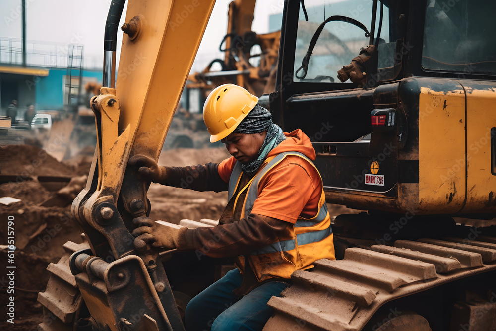 A construction worker in a hard hat and safety gear playing a grand ...