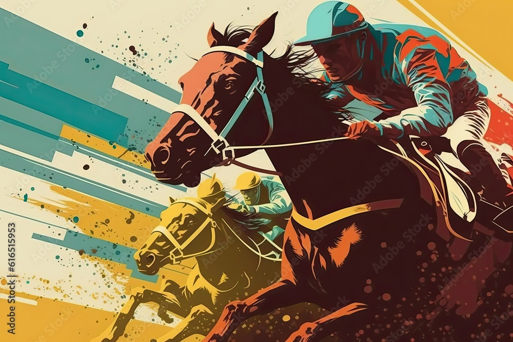 Poster Horse race competition with jockeys wearing a suit and tie grand ...