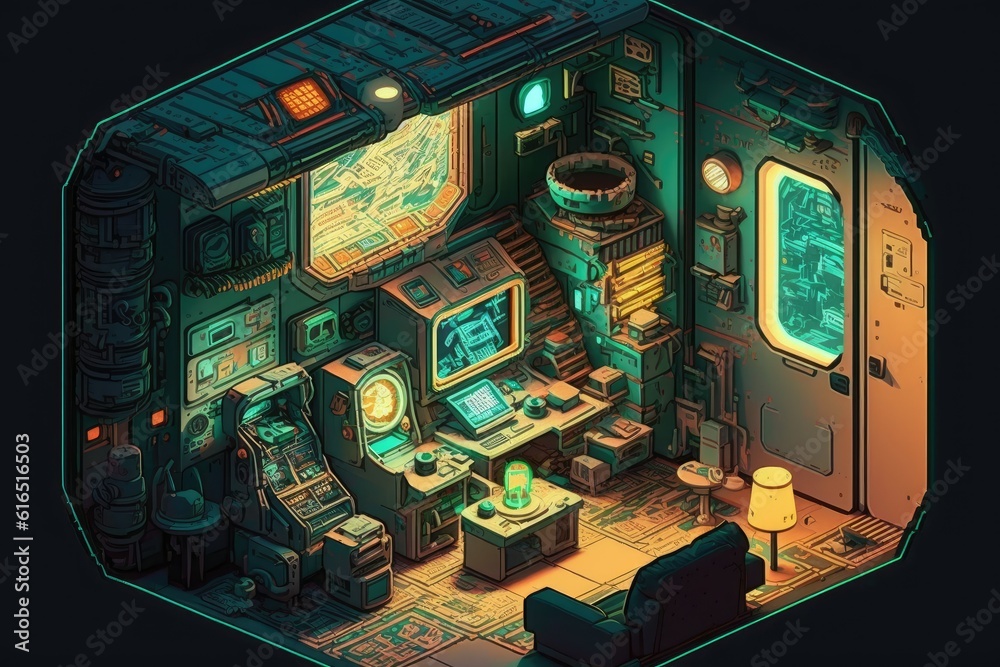 Pixel Art, Space Station Interior, Neon Lighting, diorama. generative ...