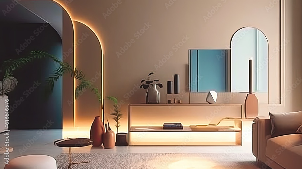 Smart home, living room, lighting, sound, designed with decorative ...