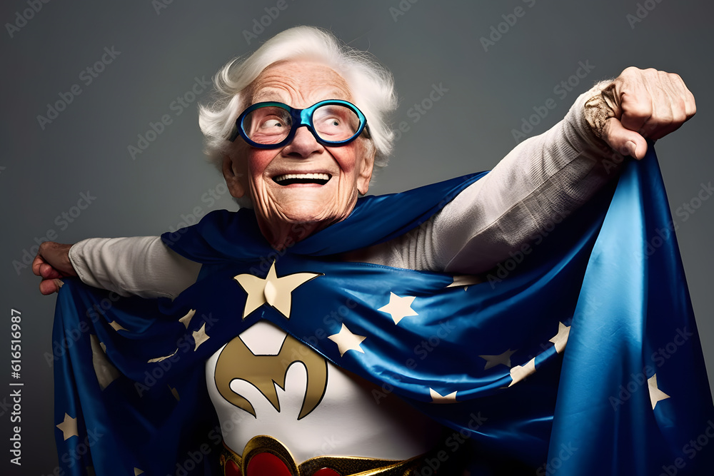 Funny image of a senior woman dressed in a superhero costume, striking ...