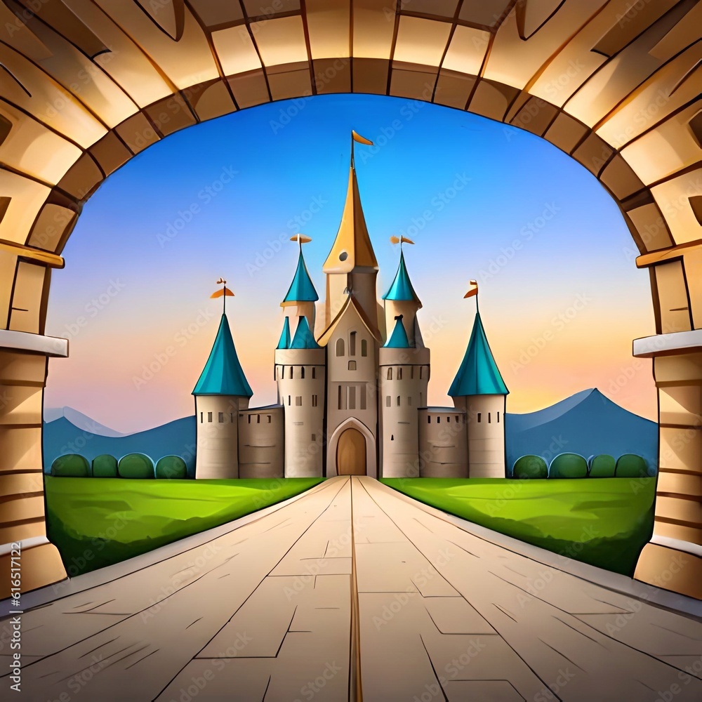 ภาพประกอบสต็อก Medieval castle gate at sunset time. Vector illustration ...