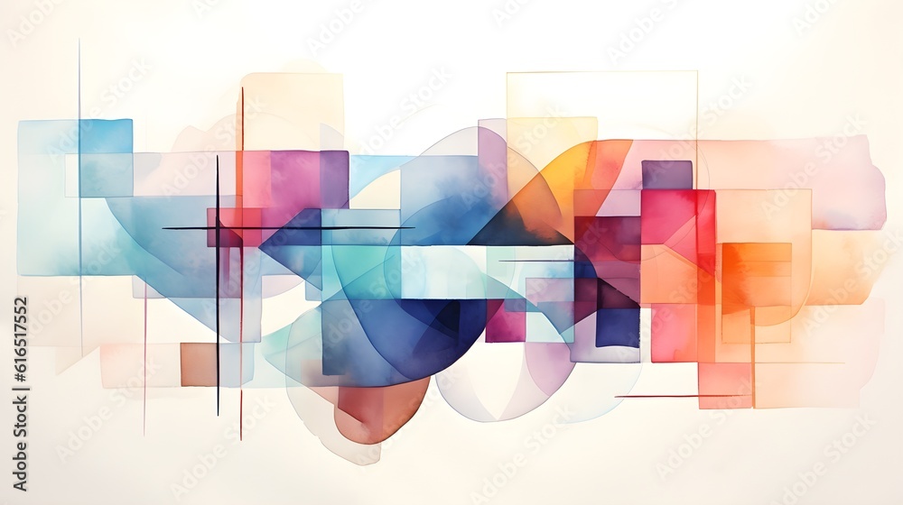 An abstract watercolor composition that merges geometric shapes with ...