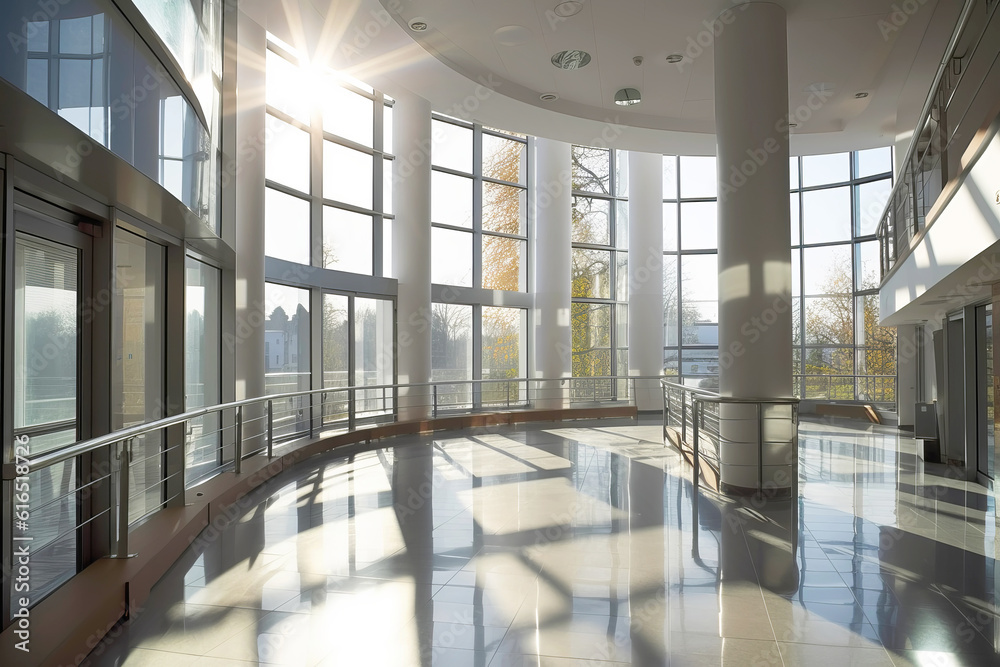 Empty hall building interior with tall panoramic windows. Generative AI ...