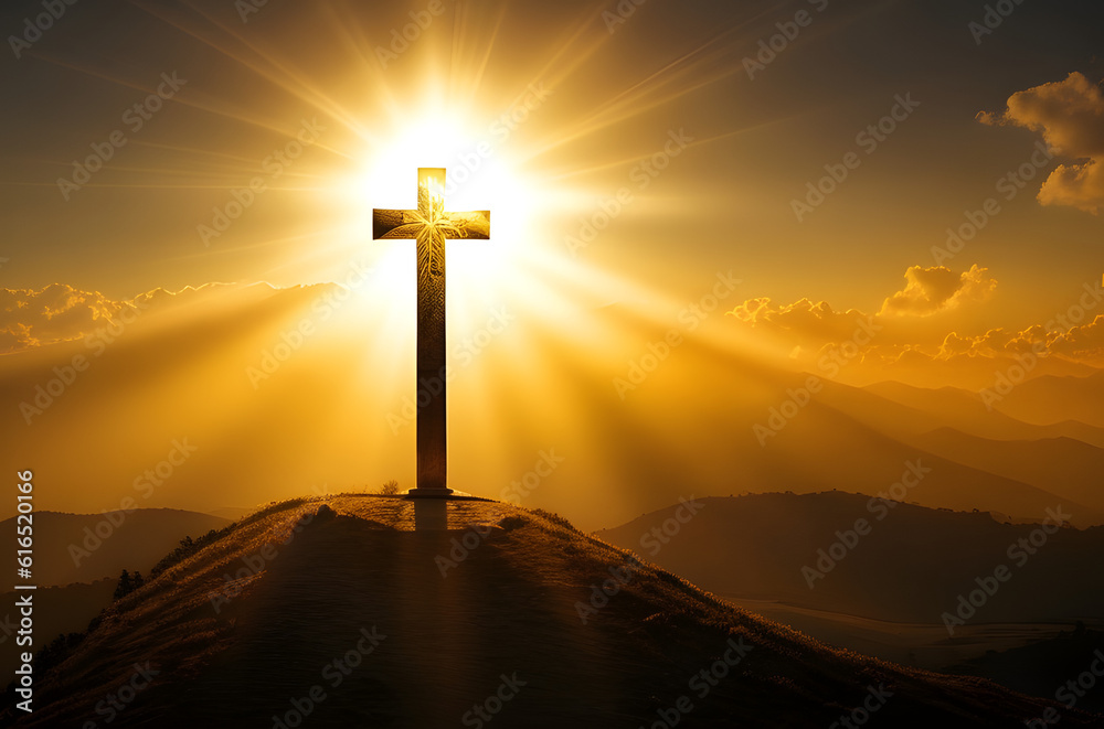 The cross of God in the rays of the sun. Cross on the hill. Religious ...
