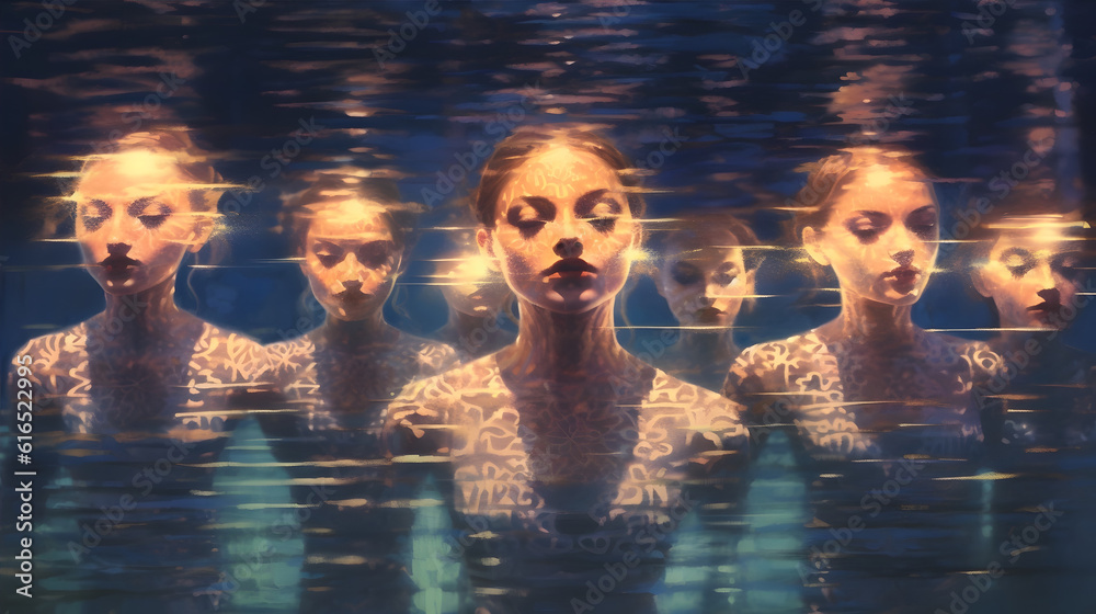 A group of synchronized swimmers in ballet style performing an elegant ...