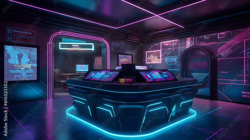 Futuristic registration reception desk, virtual gym, metaverse ...