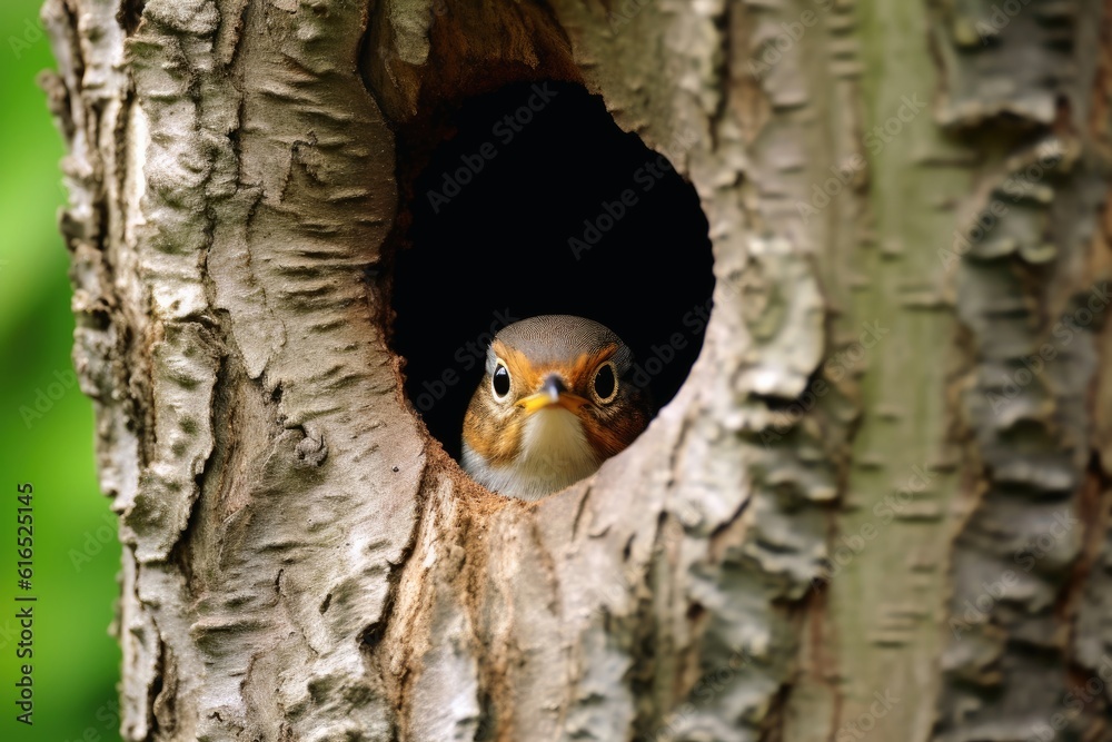 Bird peek a boo out of a tree created with generative AI technology ...