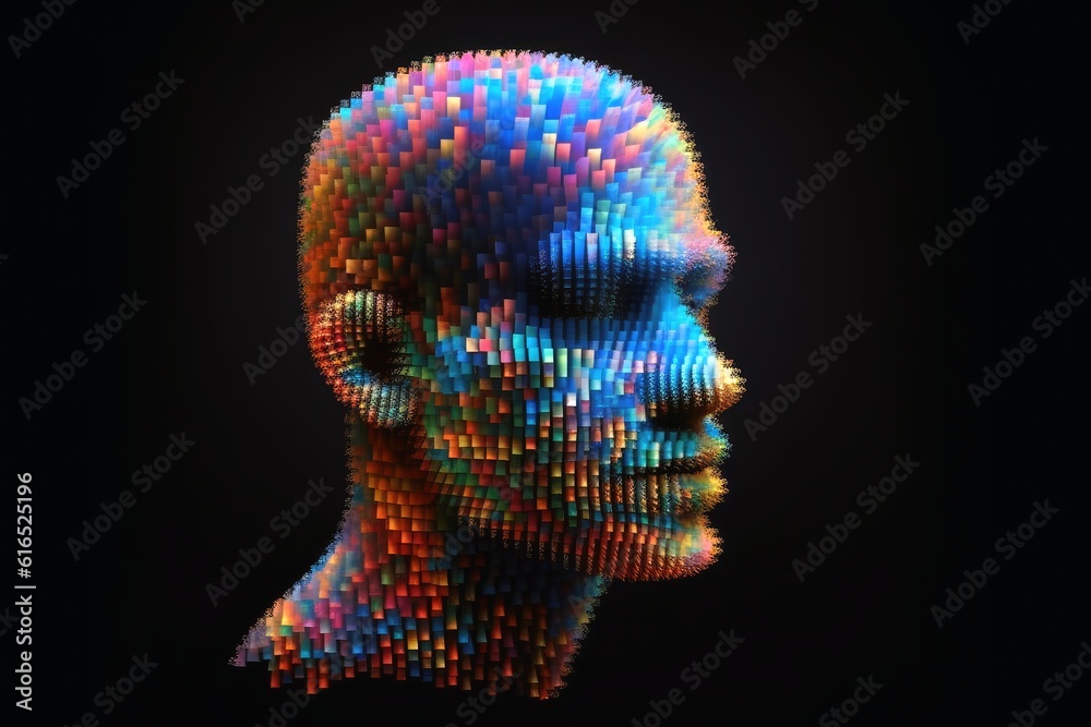 Concept of a 3D human head made of pixels created with generative AI ...
