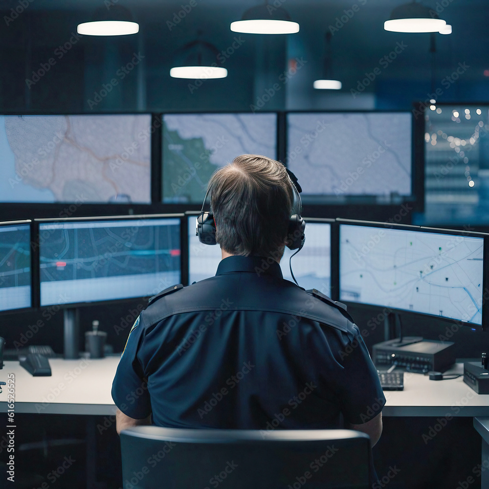 Police Officer Working in a Modern 911 Call Center with Large Screens ...