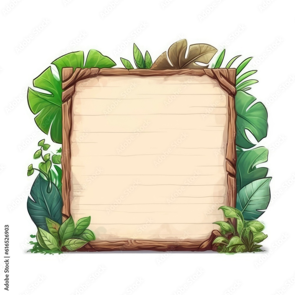 cartoon, cute wooden sign whit safari leaves isolated on white ...