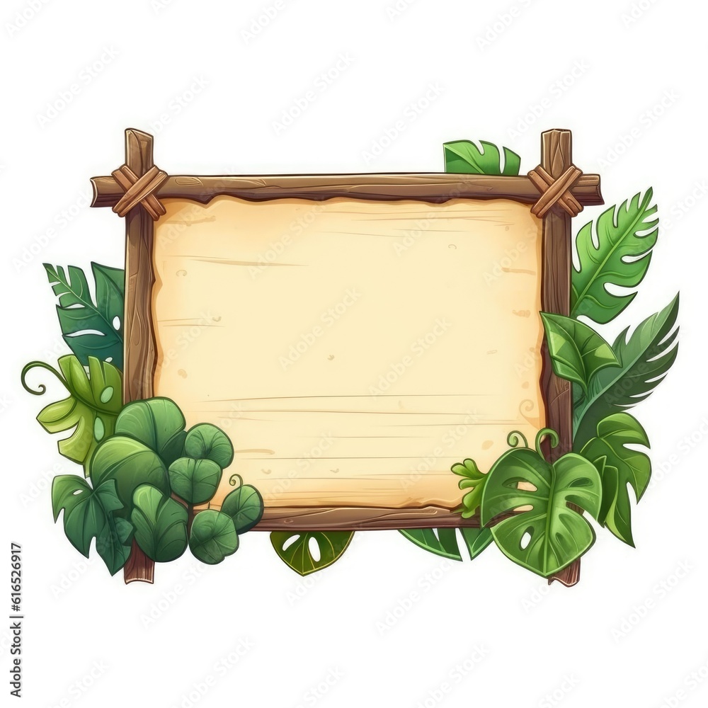 cartoon, cute wooden sign whit safari leaves isolated on white ...
