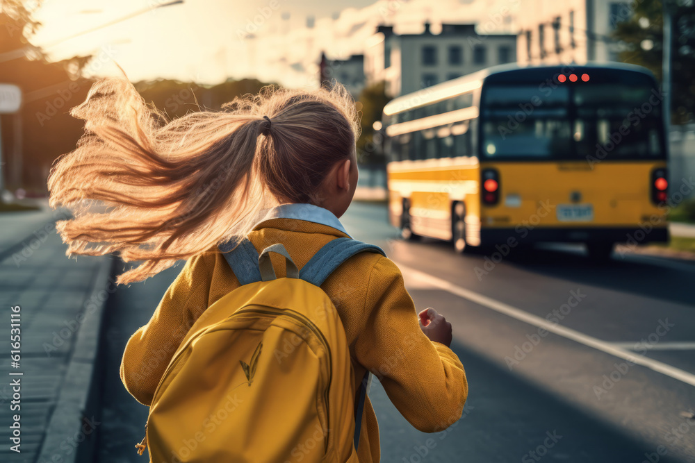 School children wearing backpacks walk towards a school bus to take ...